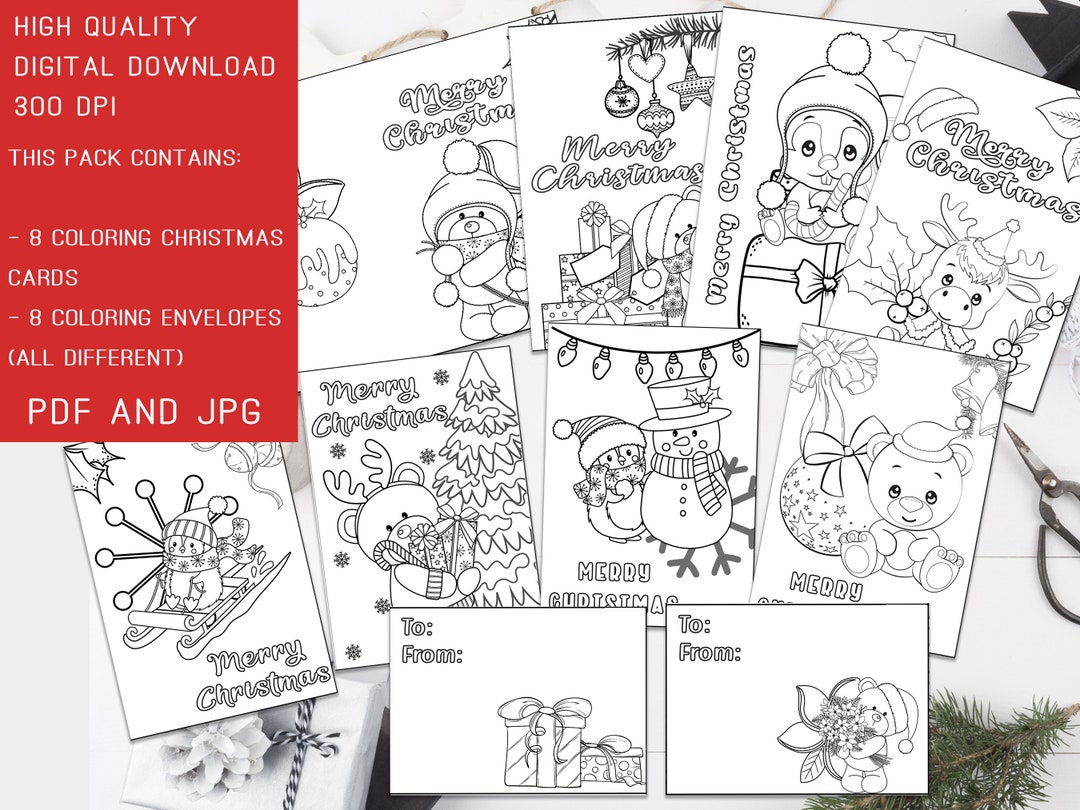 Coloring Printable Christmas Cards Instant Digital Download, Christmas ...