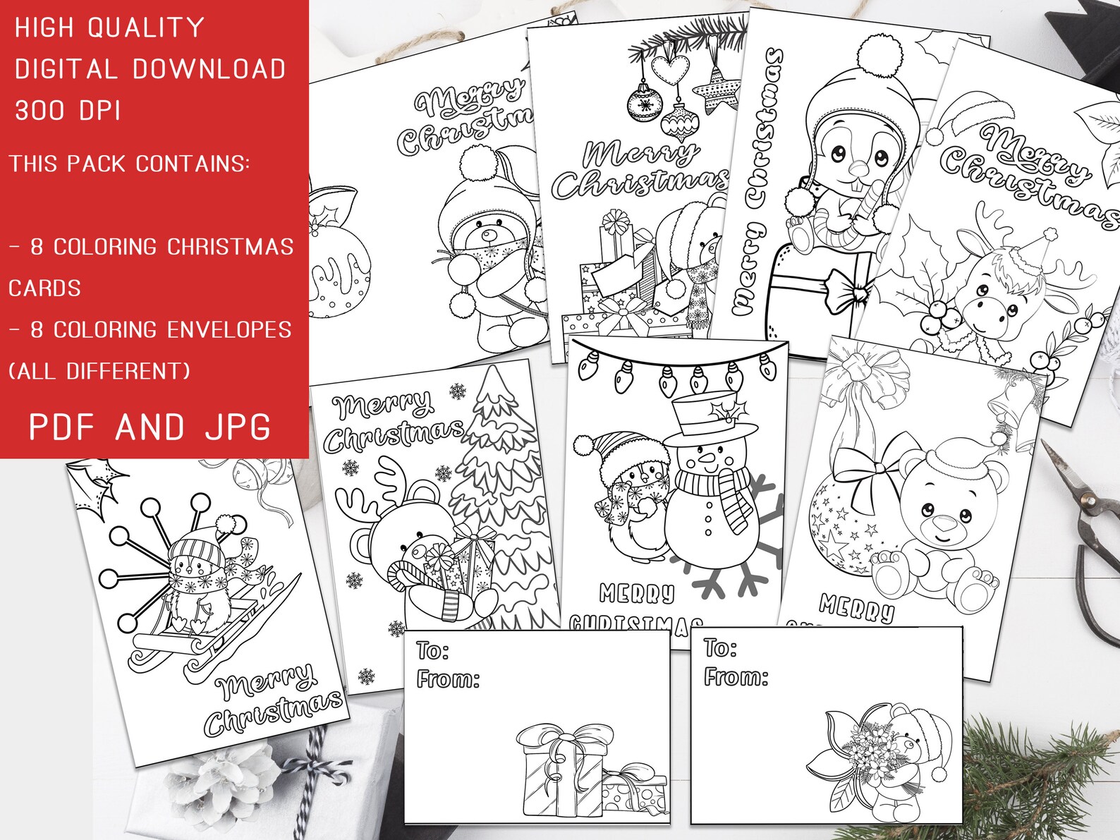Coloring Printable Christmas Cards Instant Digital Download, Christmas ...