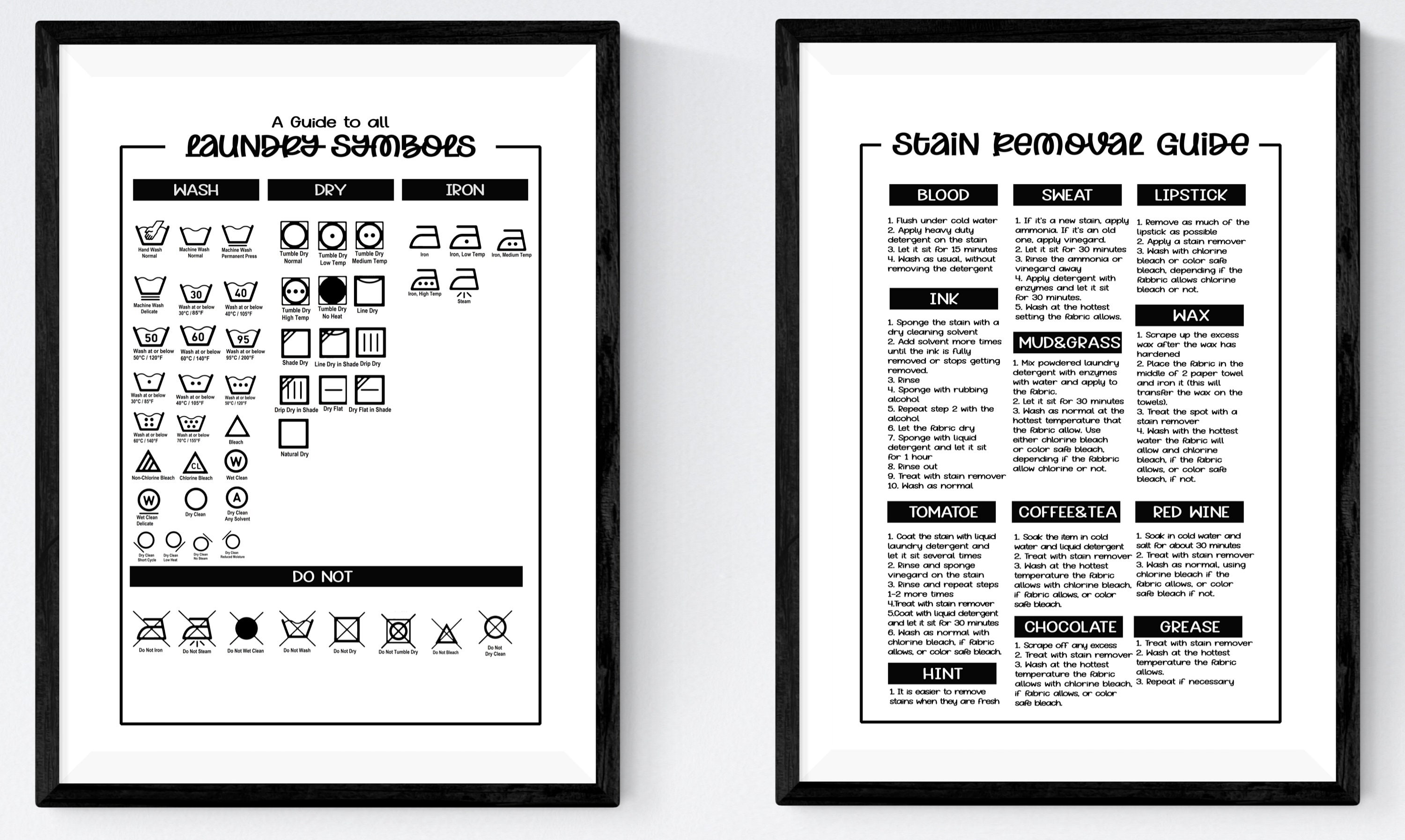 Laundry Guide Poster, Printable, Laundry Symbols and Stain Removal ...