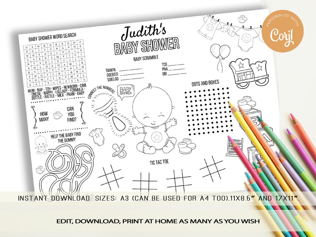 Editable Printable Baby Shower Coloring Placemat Instant Digital ...