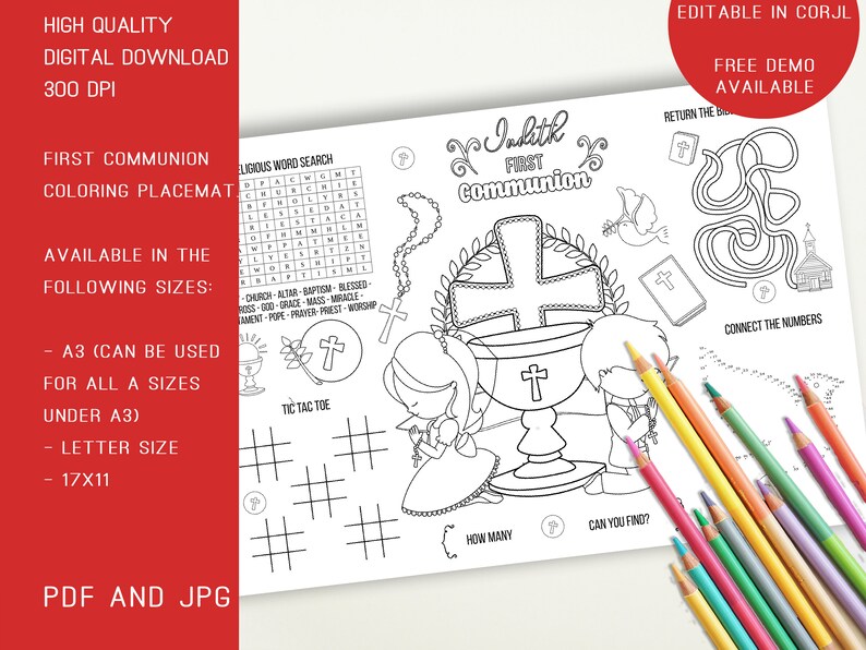 Editable Printable First Communion Coloring Placemat Instant Digital ...