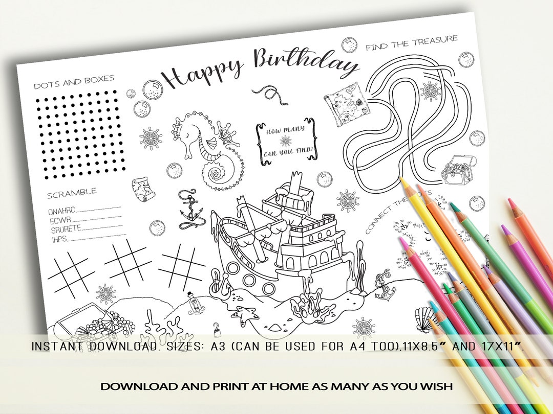 Printable Birthday Pirates Under the Sea Coloring Placemat Instant ...