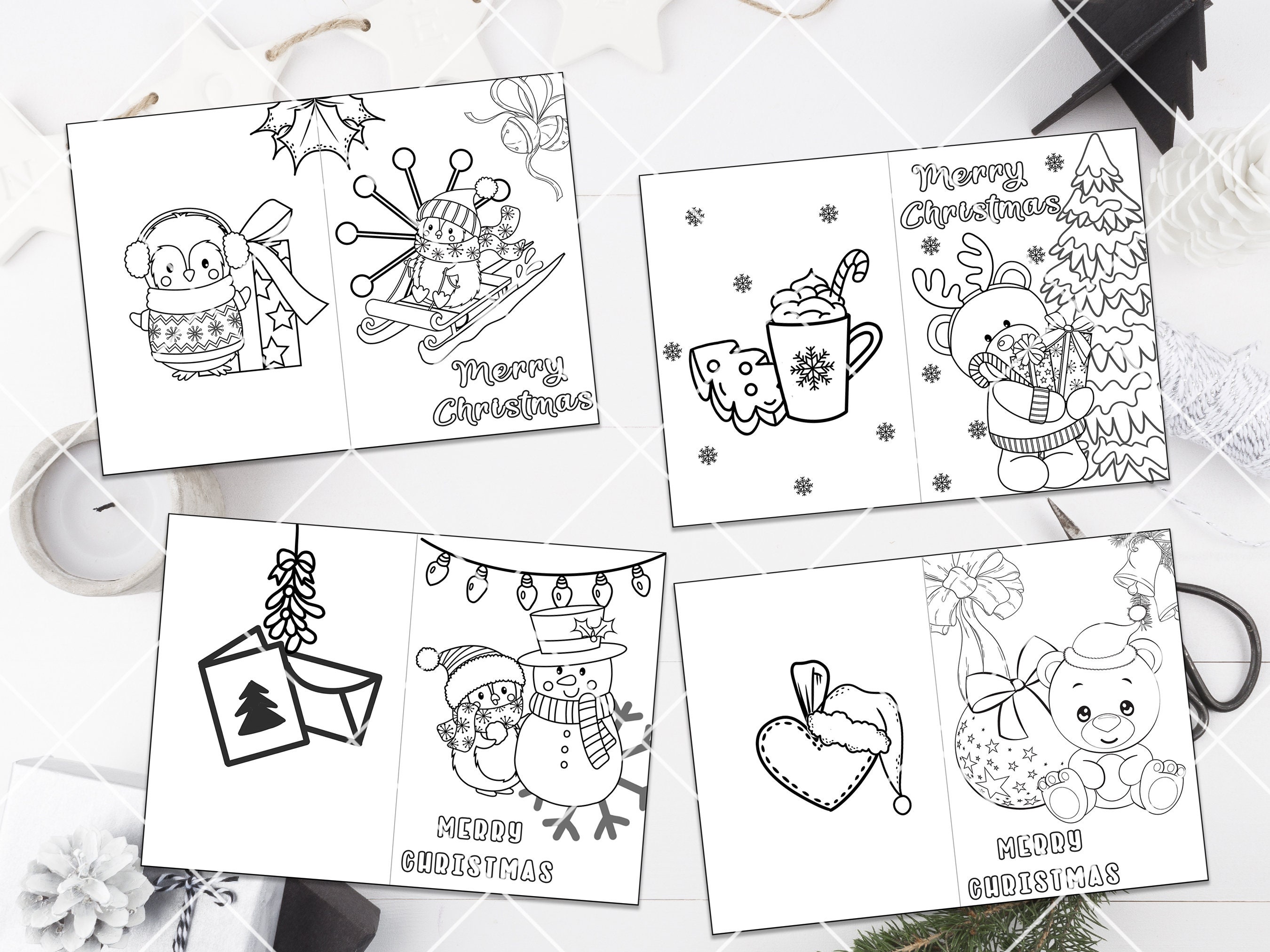 Coloring Printable Christmas Cards Instant Digital Download, Christmas ...