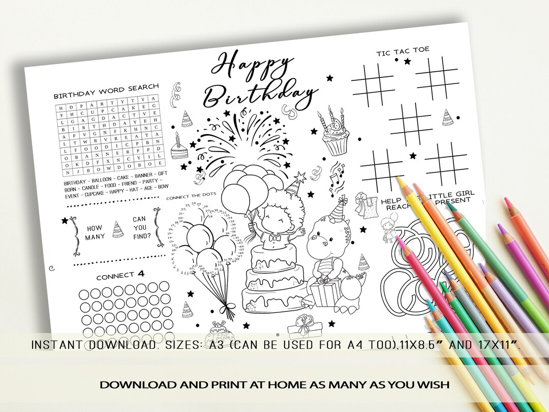 Printable Birthday Coloring Placemat Instant Digital Download, Birthday ...