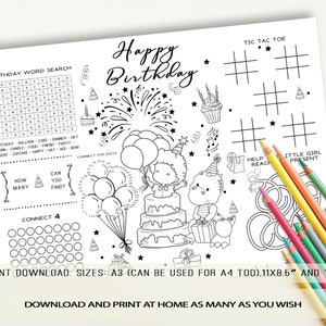 Printable Birthday Coloring Placemat Instant Digital Download, Birthday ...