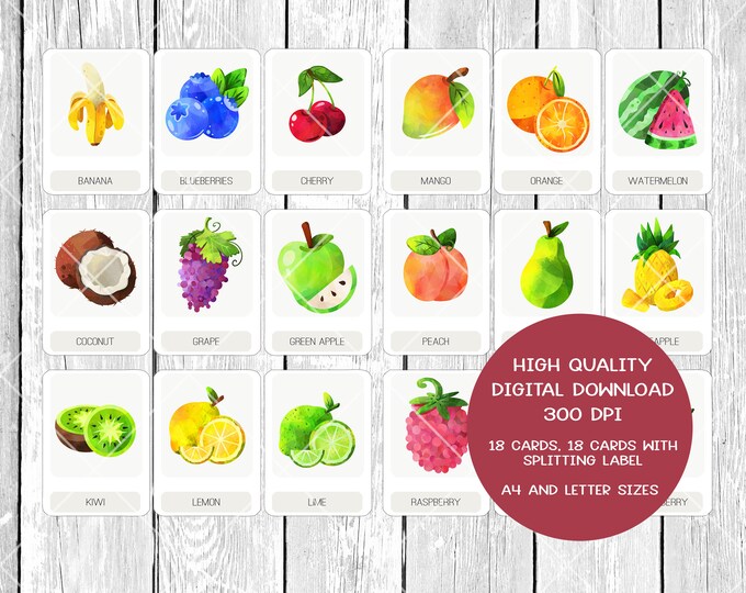 Educational Fruit Flashcards Printable Digital Download, Montessori ...