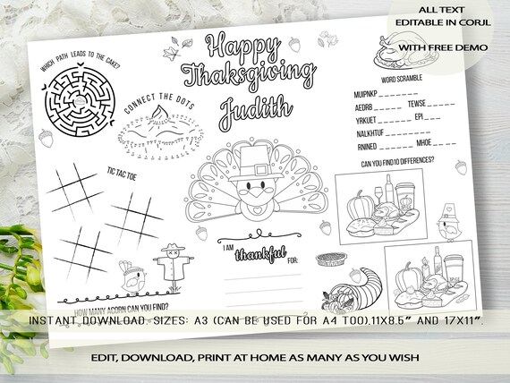 Editable Printable Thanksgiving Coloring Placemat Instant - Etsy
