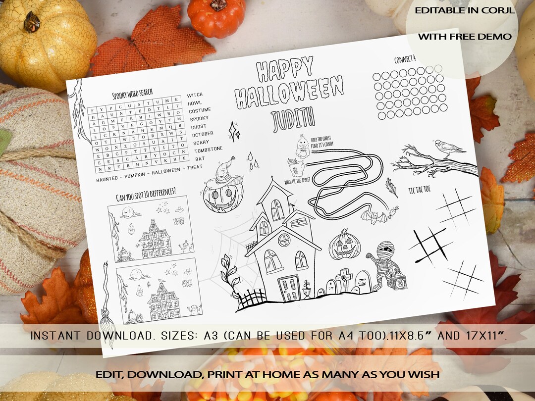 Editable Printable Halloween Coloring Placemat Instant Digital Download ...