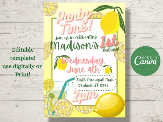 Lemon Birthday Invitation Summer Birthday Lemon Themed Invite | Etsy