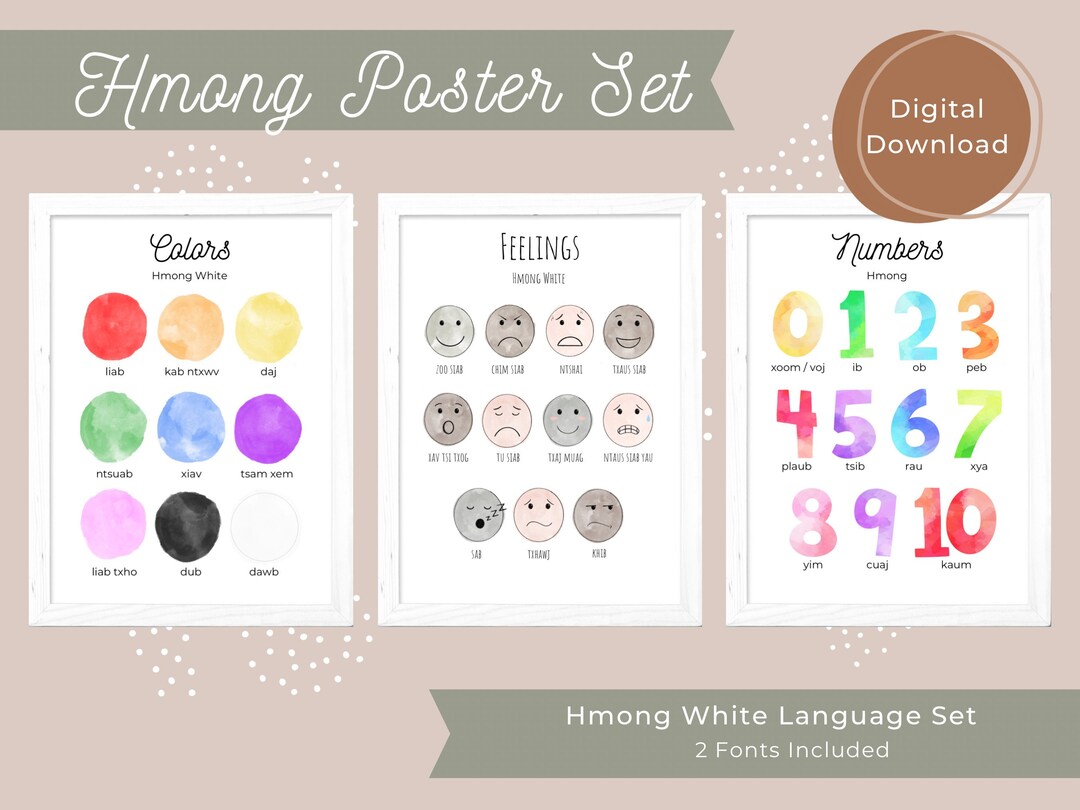 Hmong White Poster SET - 2 Fonts Included - Digital - Colors, Feelings ...
