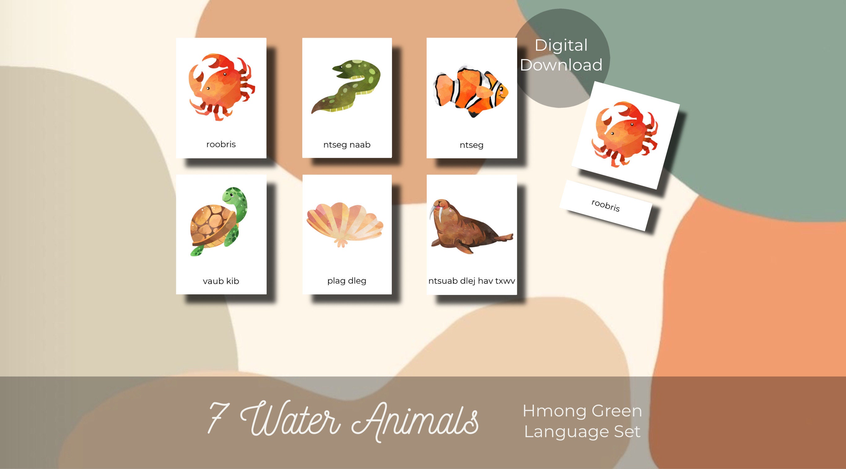 Hmong Green Water Animals Set Montessori 3-part Cards Digital - Etsy
