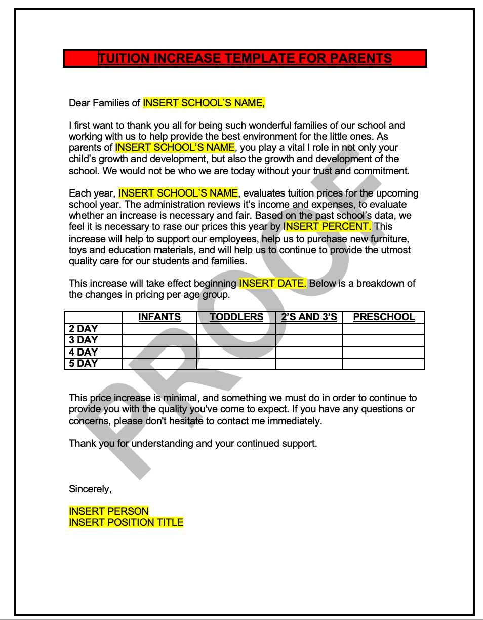 Tuition Increase Letter To Parents Template Etsy