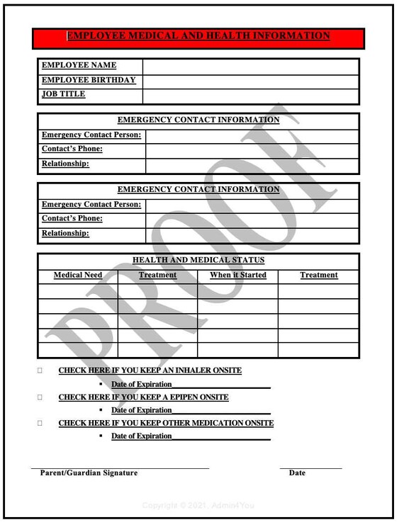 Employee Medical and Health Form | Etsy