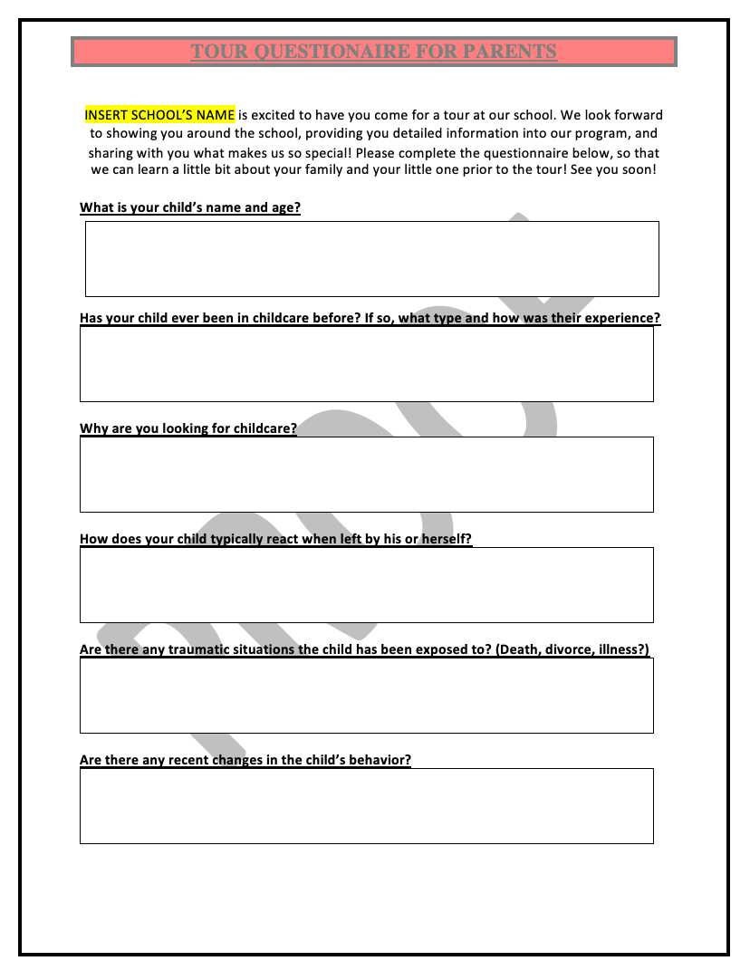 Tour Questionnaire for Parents Guardians and Families | Etsy