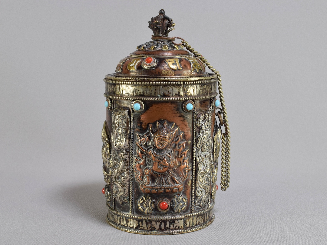Vintage HIMALAYAN Mixed Metal Hanging Box & Cover Deity Symbol and Bead ...