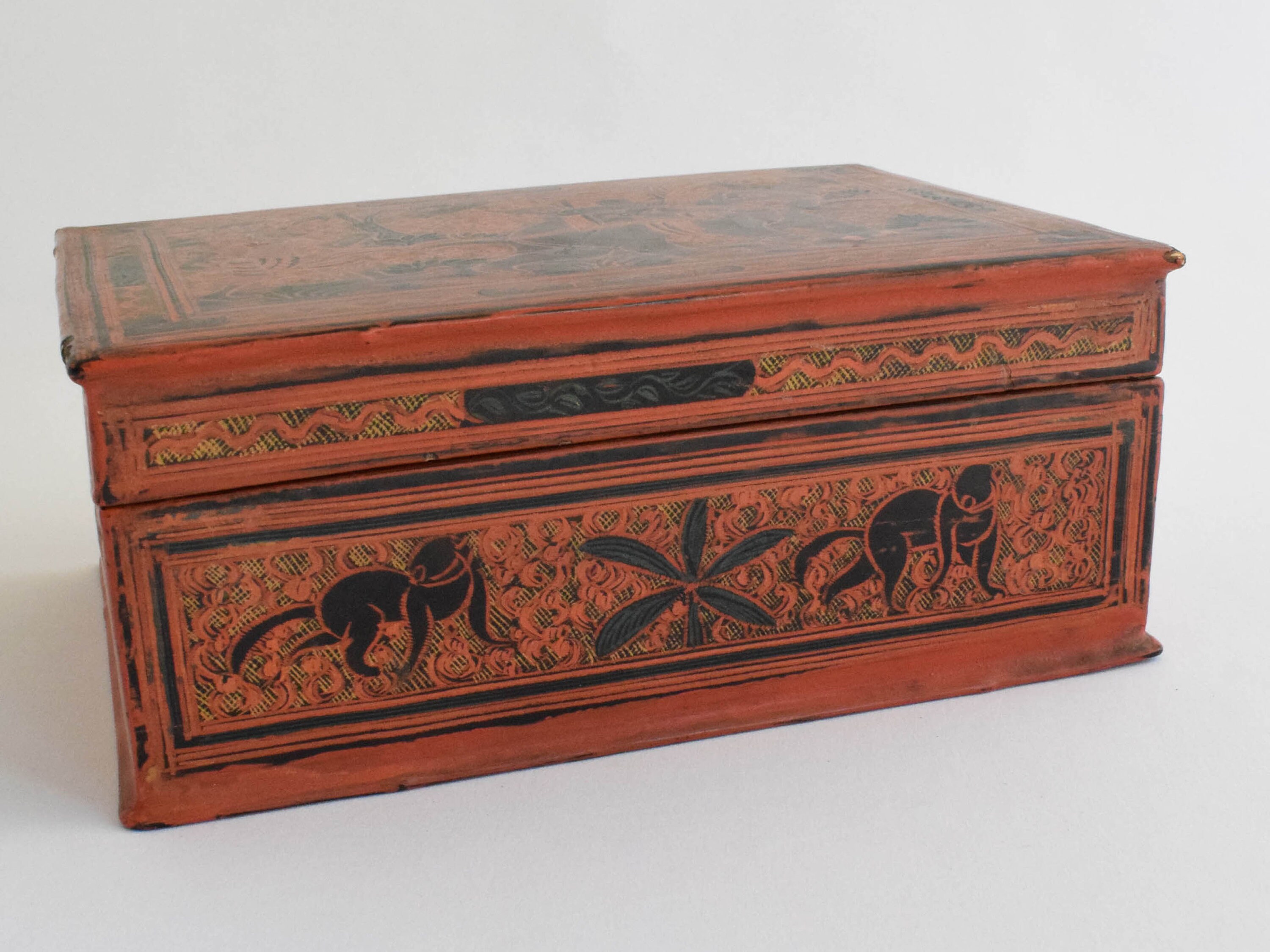 BURMESE Lacquered Box and Cover Elephant and Handler SIGNED Early 20th ...