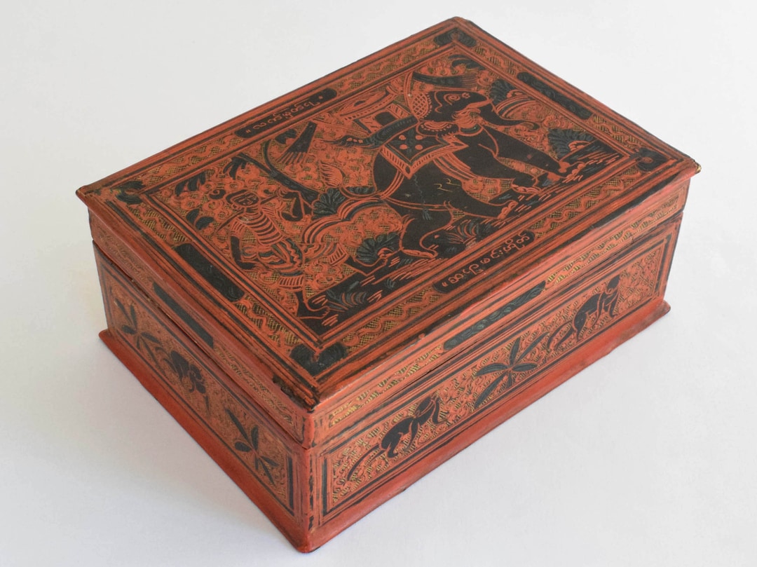 BURMESE Lacquered Box and Cover - Elephant and Handler - SIGNED - Early ...