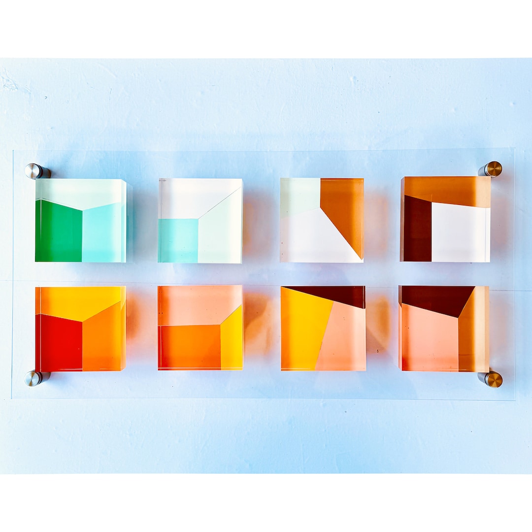Set of 8 Floating Plexiglass Blocks Wall Decor on 12x24” Acrylic Panel ...