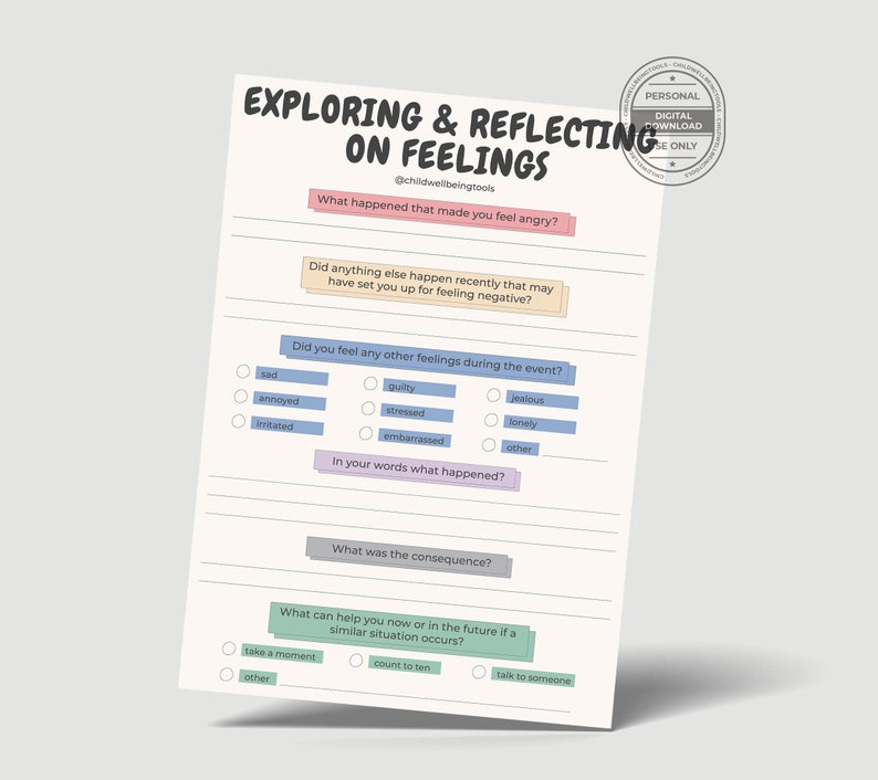 REFLECTION Worksheet for Kids Emotion Regulation REFLECT FEELINGS ...