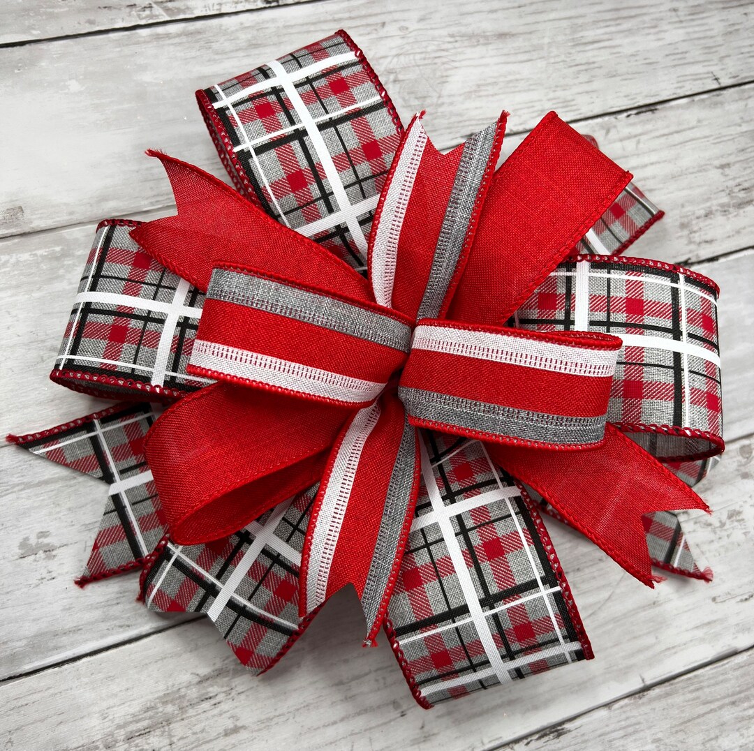 Red and Grey Wreath Bow, Red and Grey Bow, Red and Grey Swag Bow, Red ...