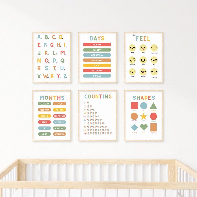 Set of 6 Educational Posters, Learning, Prints for Children's Bedroom ...