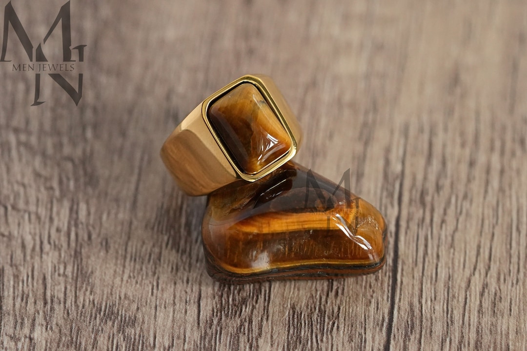 Mens Gold Tigers Eye Signet Ring, Gold Signet Ring for Men, Stainless ...