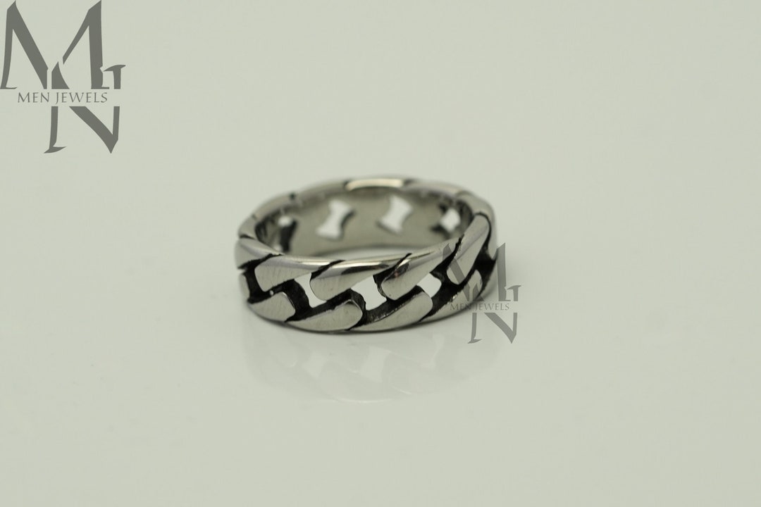 Silver Chain Ring, 6mm Curb Chain Ring, Mens Stainless Steel Band ...