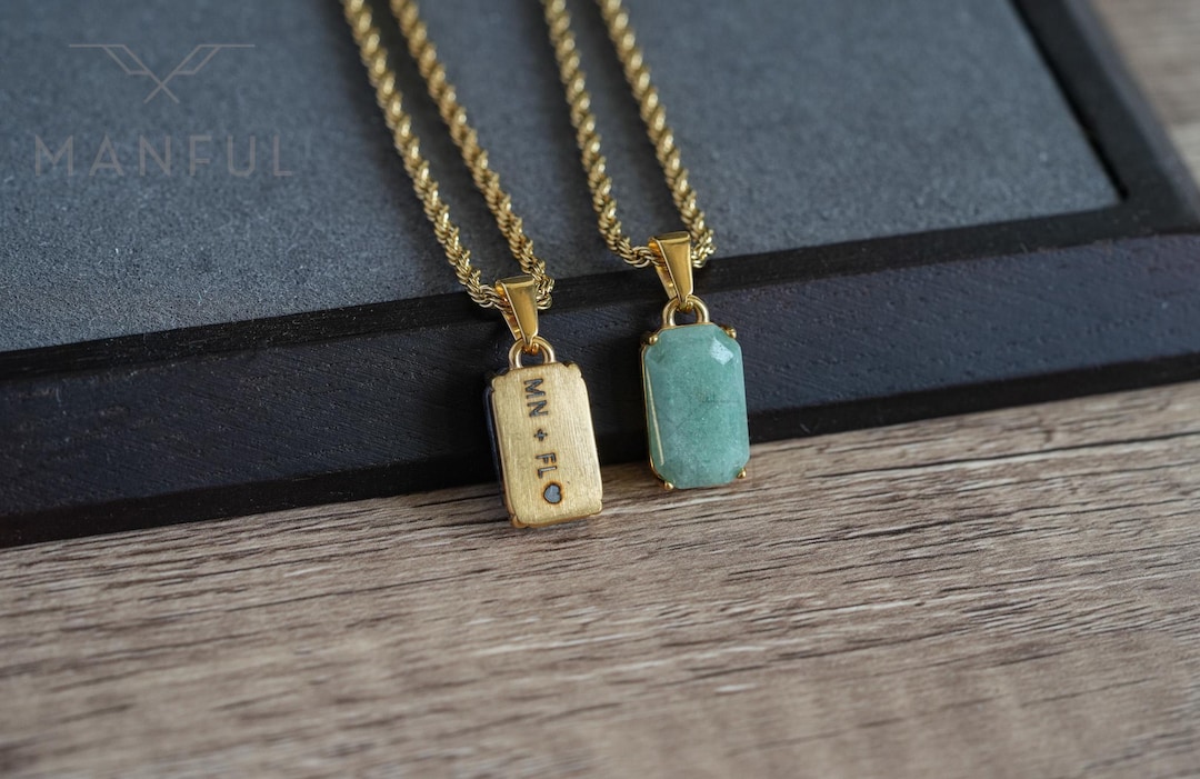 Men's Personalised Jade Stone Pendant, Gold Stainless Steel Necklace ...