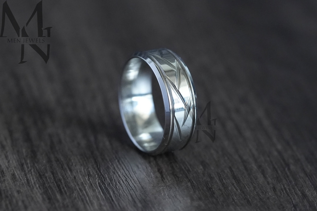Silver Line Pattern Stainless Steel Ring, Personalised Engraved Ring ...