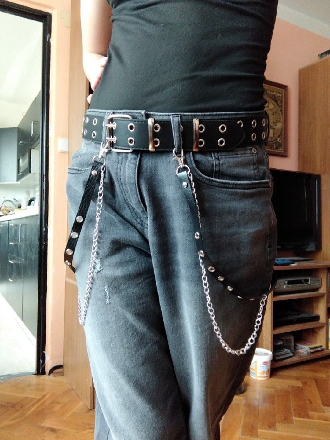 Gothic Leather Belt Punk Chain Belt Adjustable Black Double - Etsy