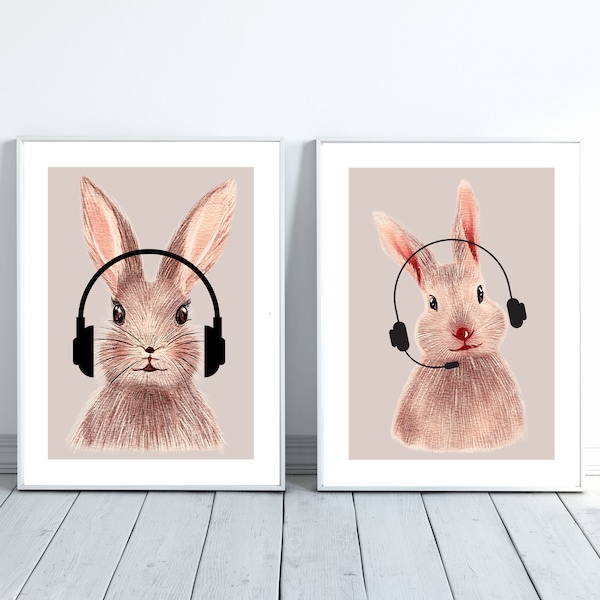 Rabbit With Headphones Wall Art - Etsy
