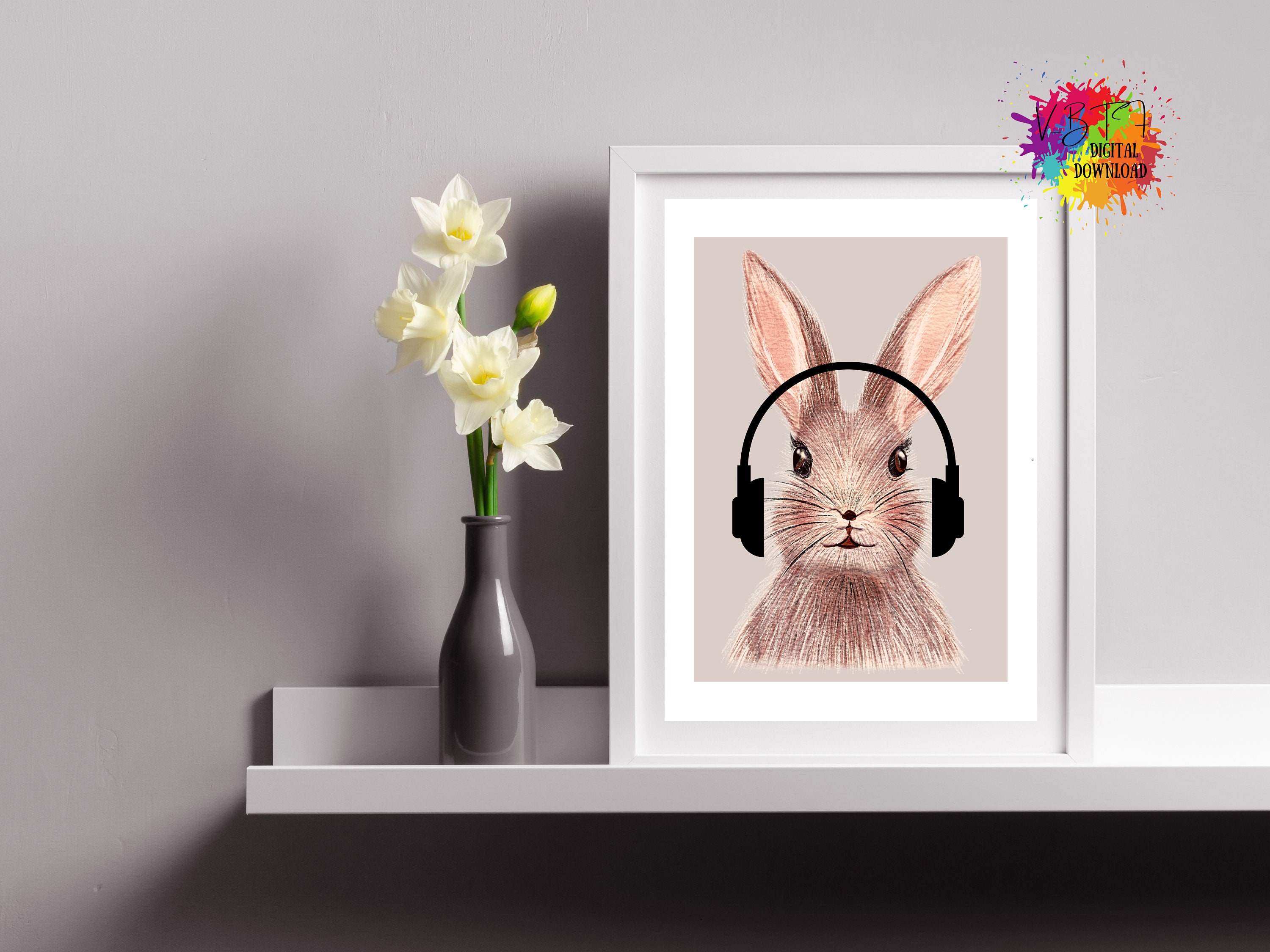 Rabbit With Headphone Print, Printable Digital Download, Bunny Rabbit ...