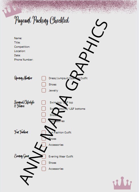 CUSTOM Pageant Packing Checklist miss USA Miss America IAM - Etsy