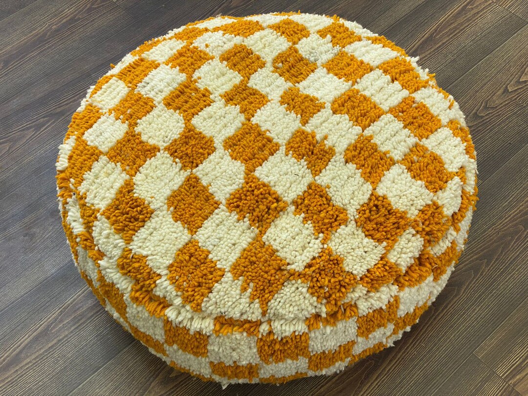 Mustard and White Checkered Pouf-square Kilim Fleece Pouf-moroccan Pouf ...
