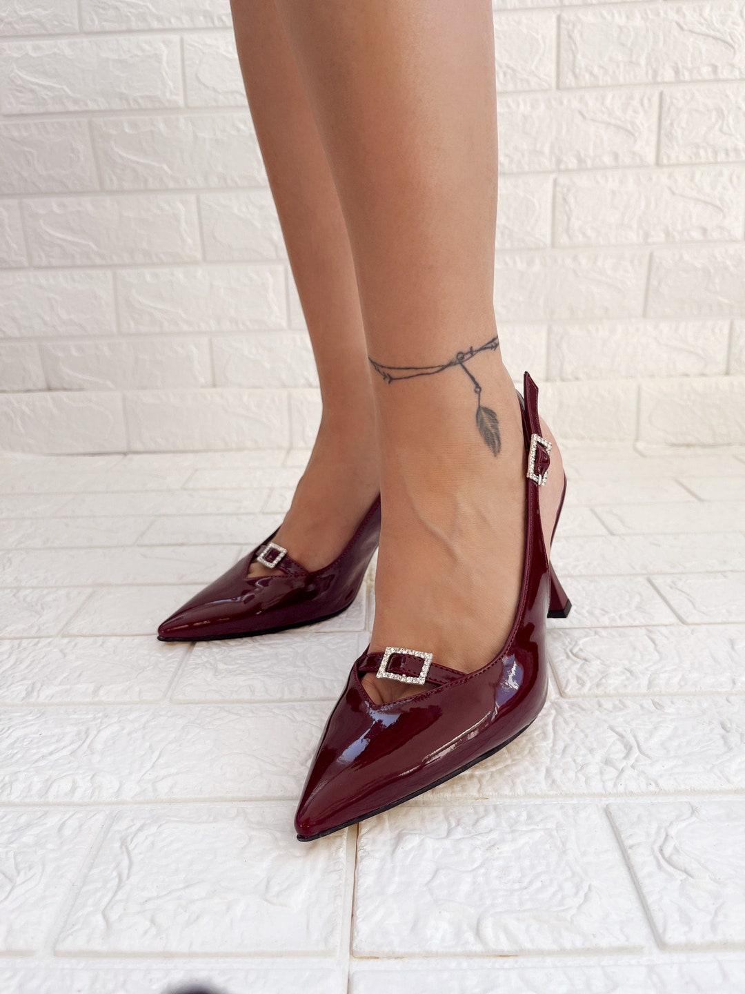Elegant Crystal Embellished Burgundy Patent Leather Heels, Burgundy ...