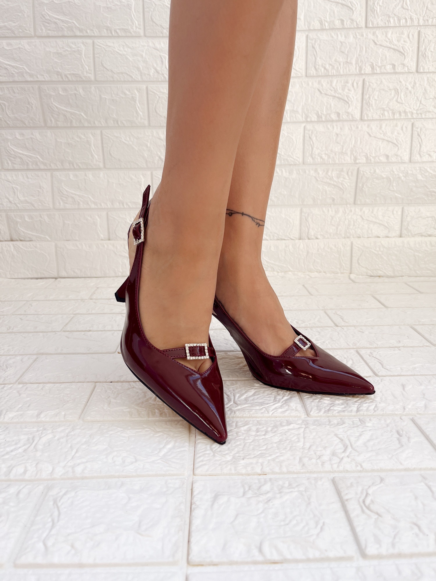 Elegant Crystal Embellished Burgundy Patent Leather Heels, Burgundy ...