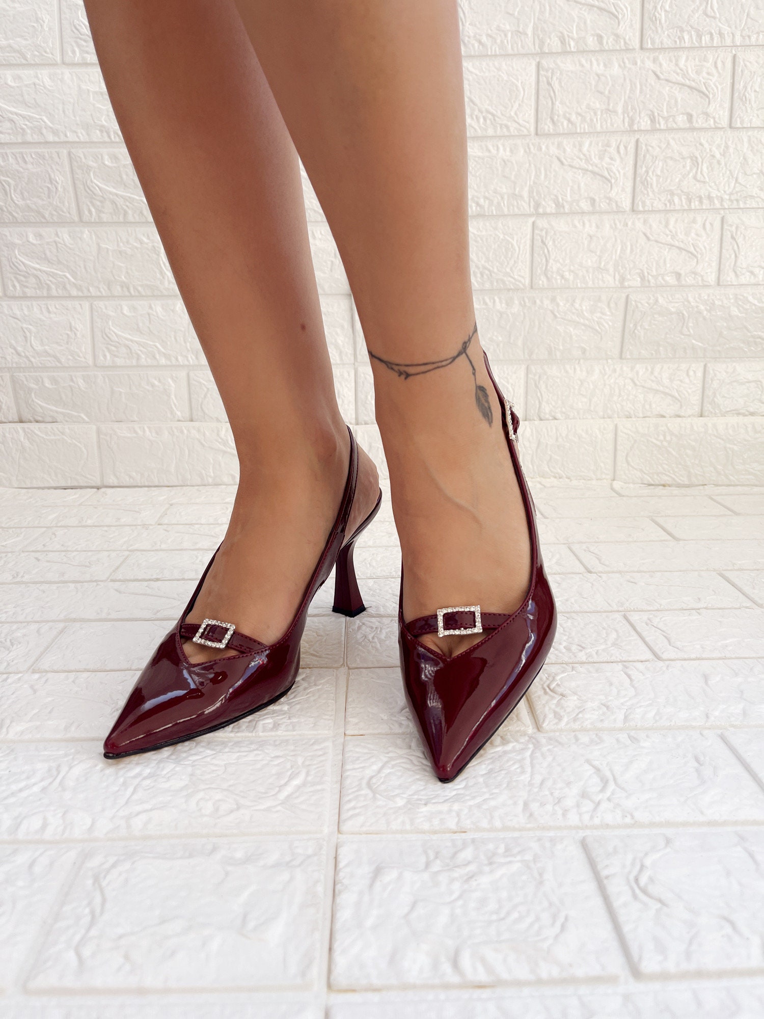 Elegant Crystal Embellished Burgundy Patent Leather Heels, Burgundy ...