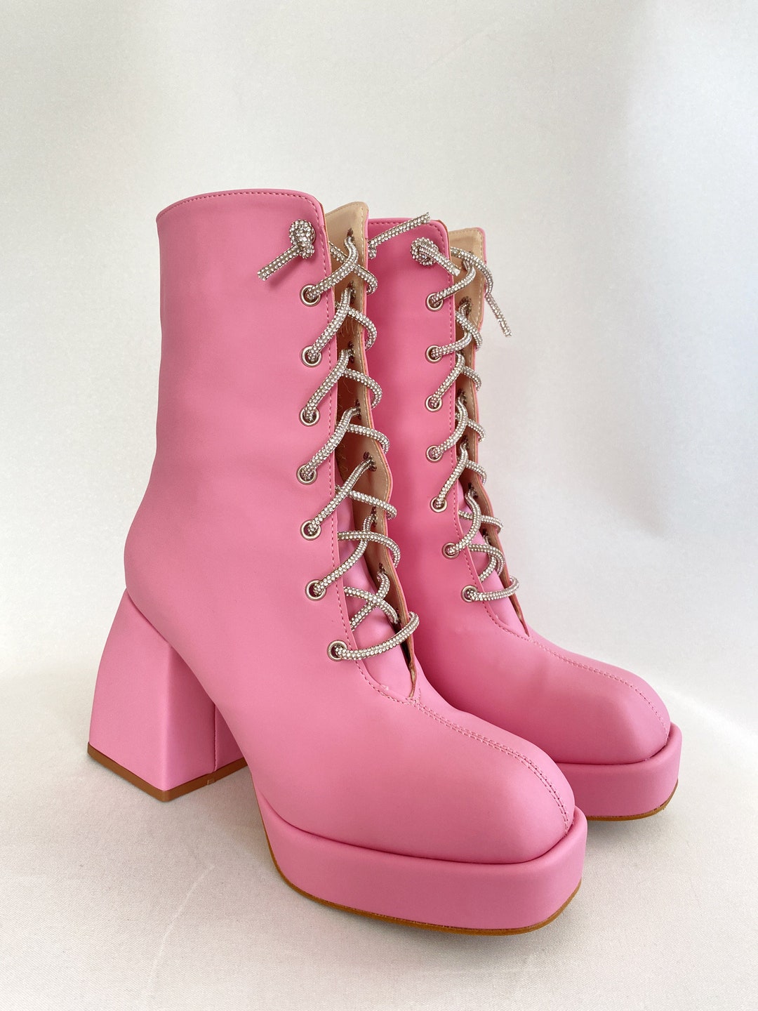 Pink Matte Faux Leather Boots, Ankle Boots, Platform Boots, High Heels ...