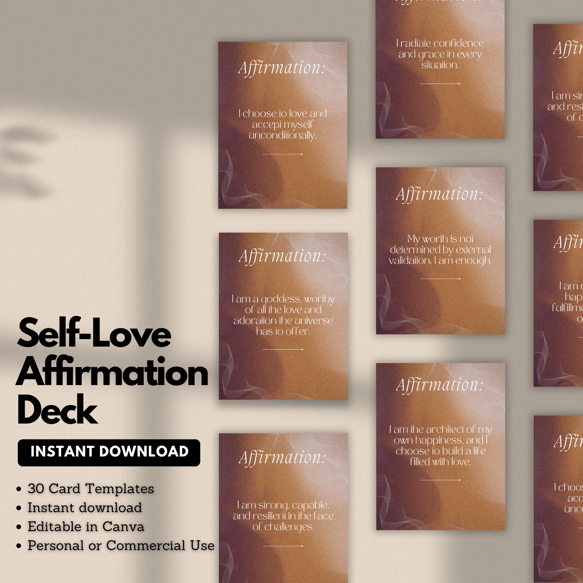 30 Editable Affirmation Cards Template | Editable in Canva | PDF ...