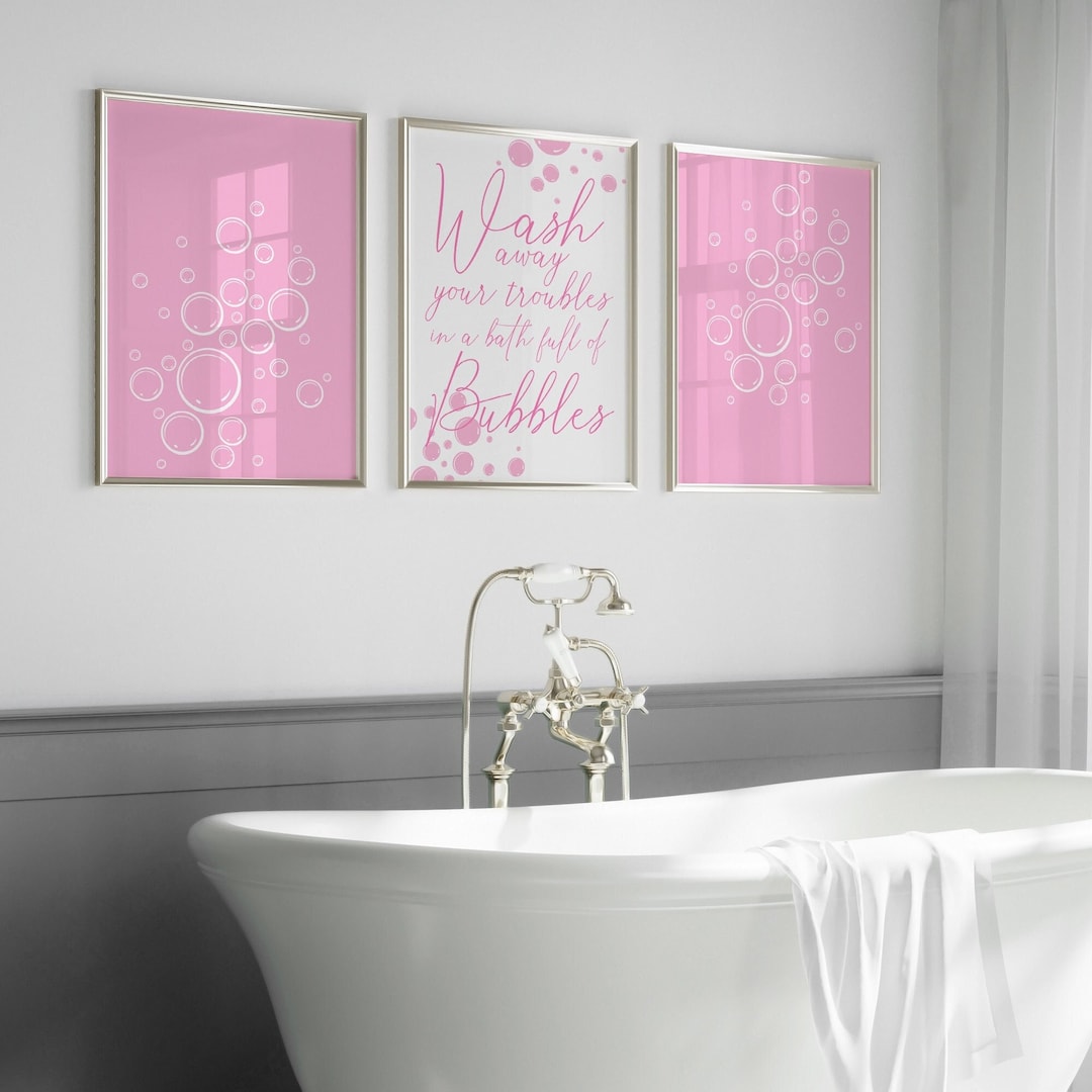 Pink Prints, Pink Bathroom Decor, Trendy Pink Wall Art, Wash Away Your ...