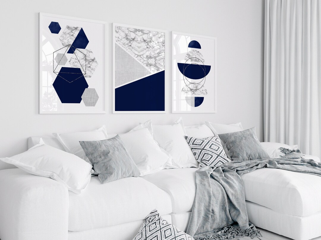Set of 3 Blue and Grey Wall Art Blue Wall Art Navy Blue Wall - Etsy