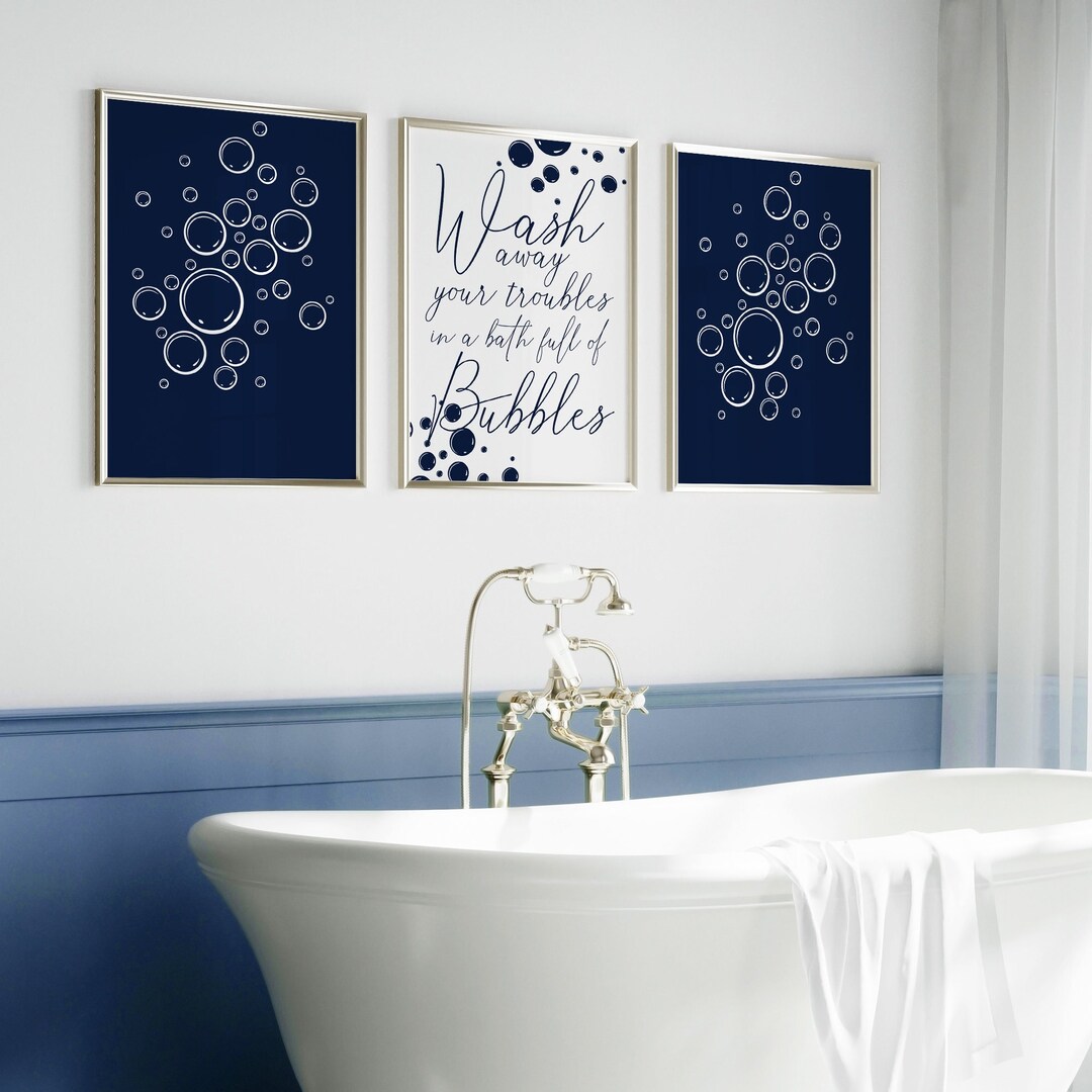 Navy Blue Wall Art, Blue Bathroom Decor, Navy Blue Bathroom, Wash Away Your Troubles, Blue ...