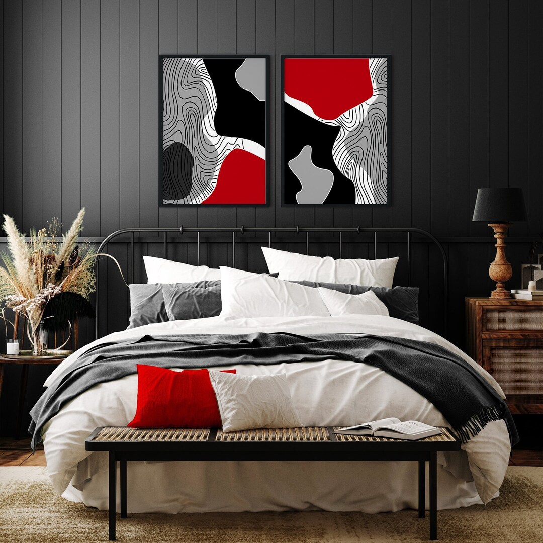 Set of 2, Red and Black Art Prints, Red and Black Abstract Art ...