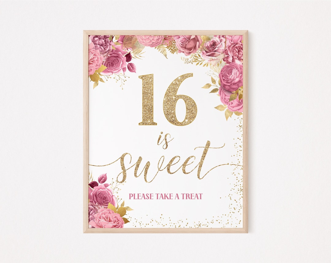 Girls 16th Birthday Sign, 16 is Sweet Please Take a Treat, Pink and ...