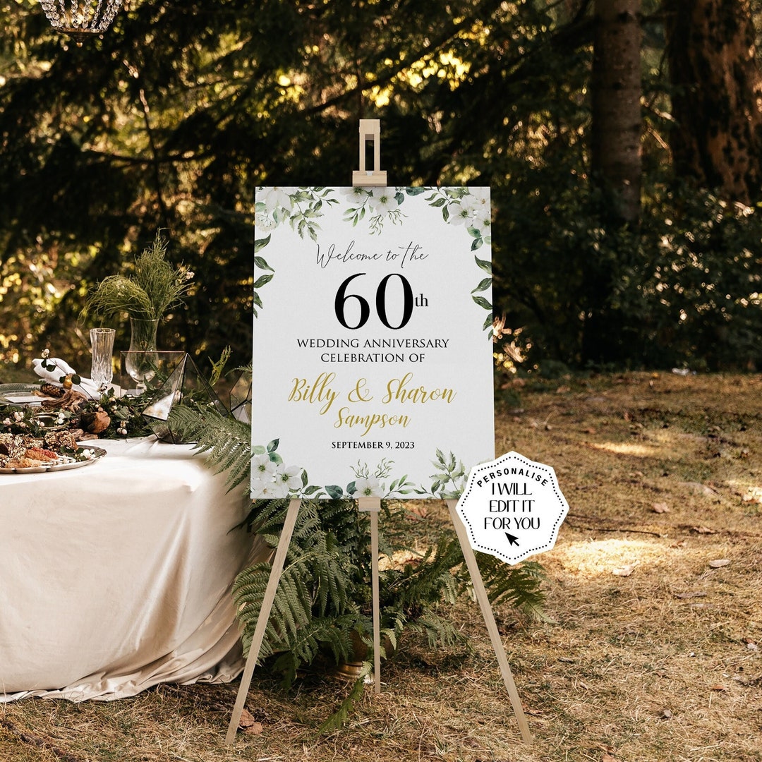 60th Anniversary Sign, 60th Anniversary Poster, Greenery Wedding Sign ...