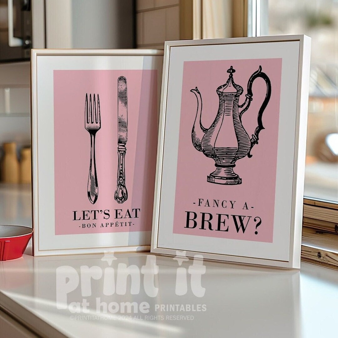 Pink Kitchen Wall Art, Pink Kitchen Decor, Pink Coffee Print, Black ...