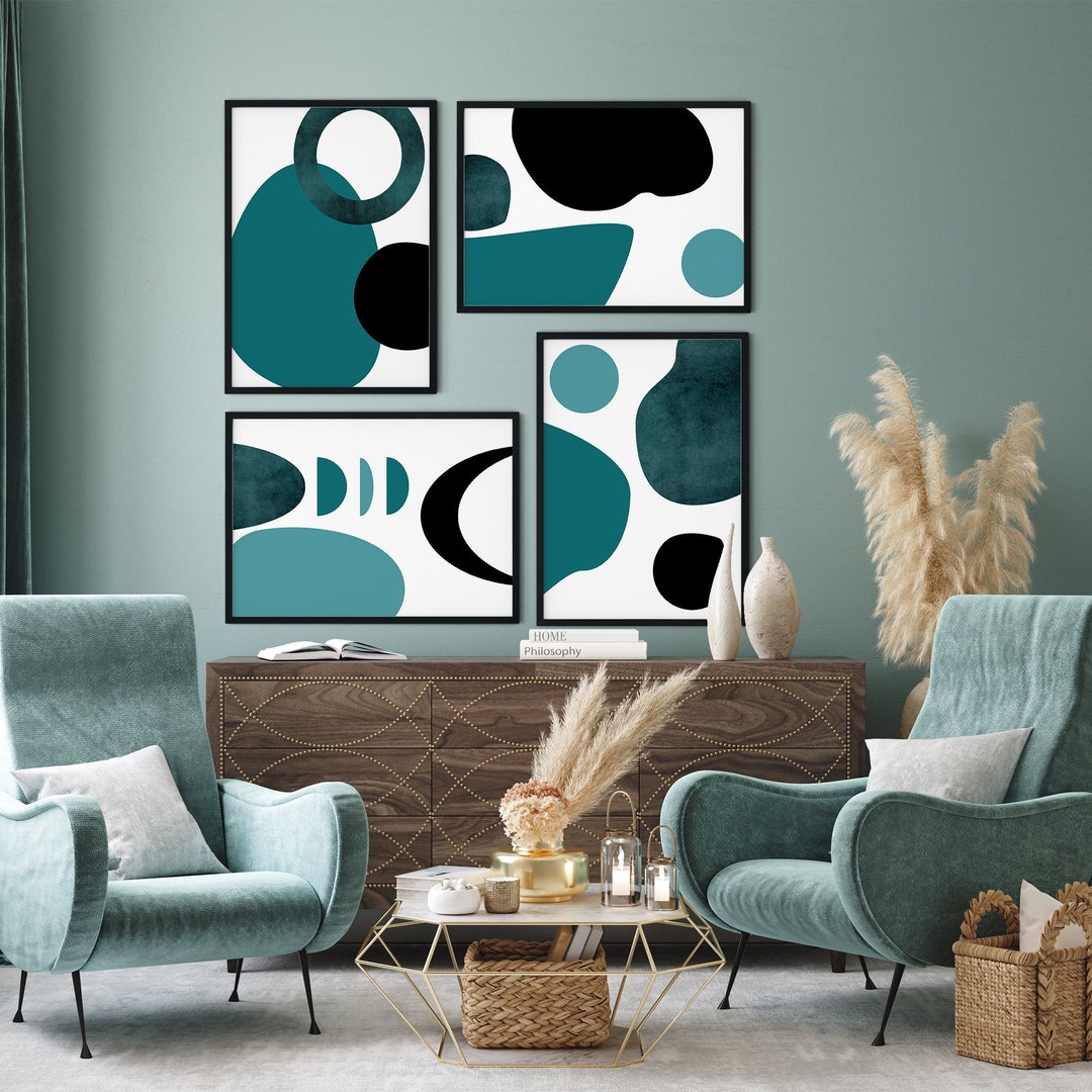 Set of 4 Teal and Black Wall Art, Teal and Black Room Decor, Geometric ...