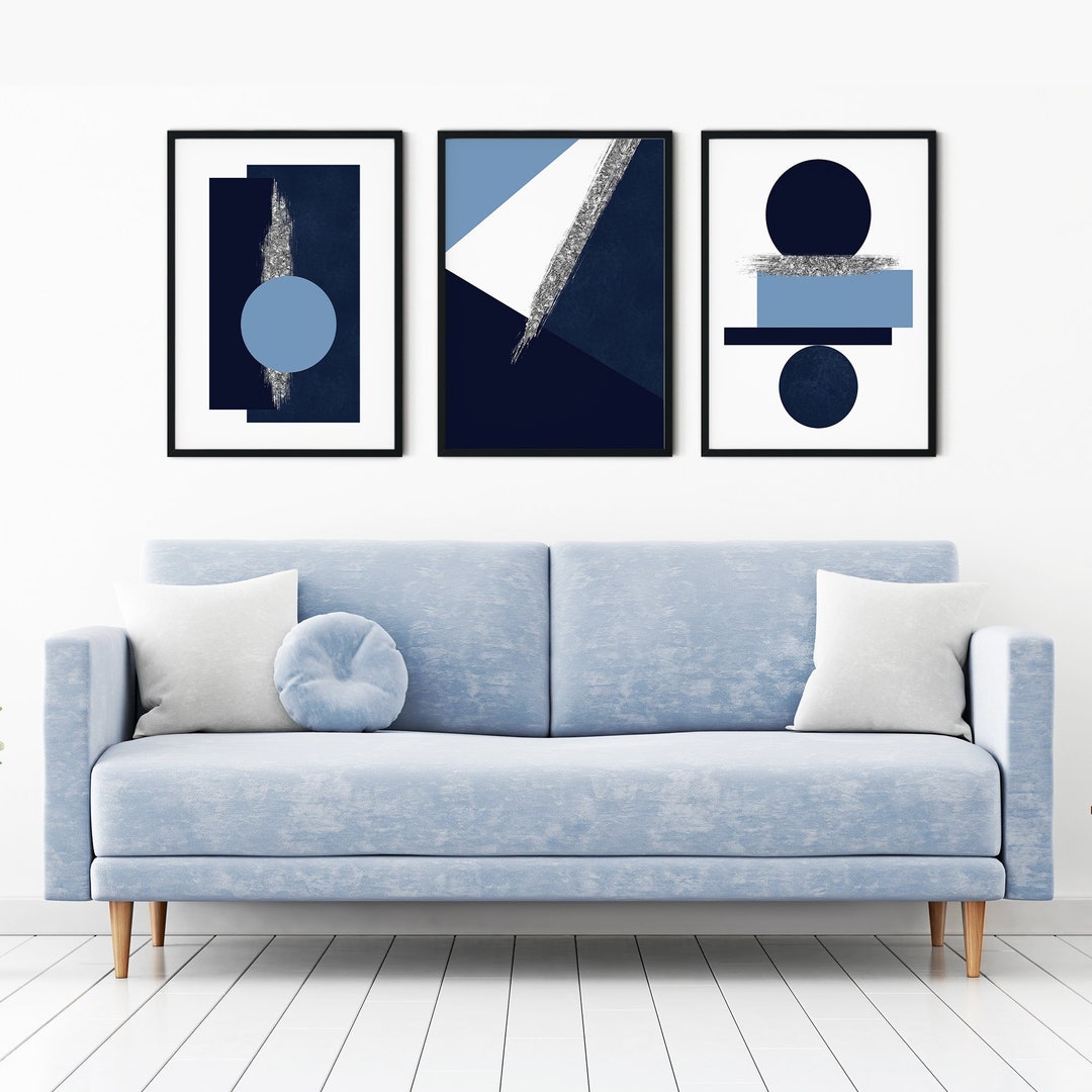 Set of 3 Blue and Silver Abstract Art Prints Printable Wall Art Blue ...