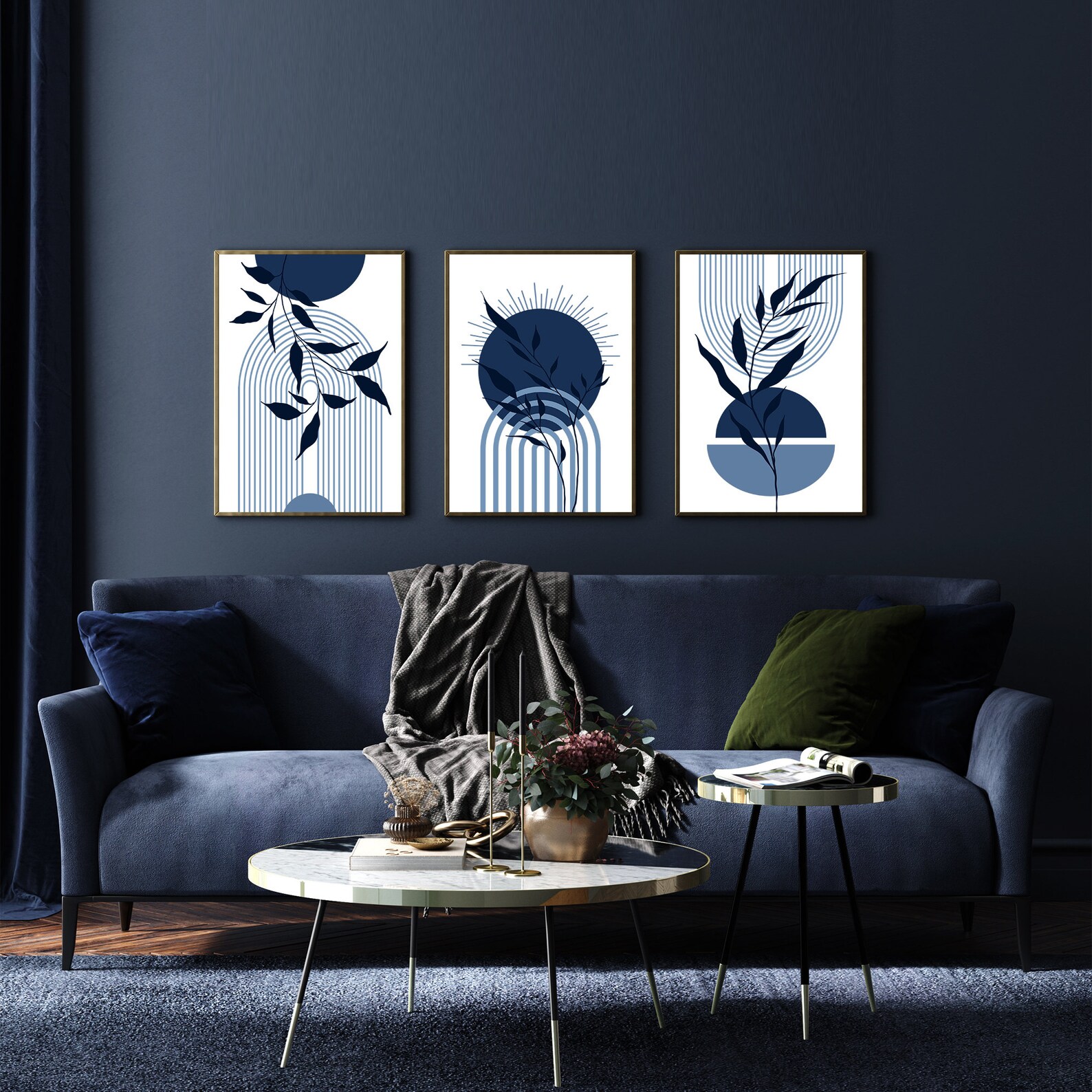 Set of 3 Mid Century Wall Prints Blue Wall Art Mid Century - Etsy