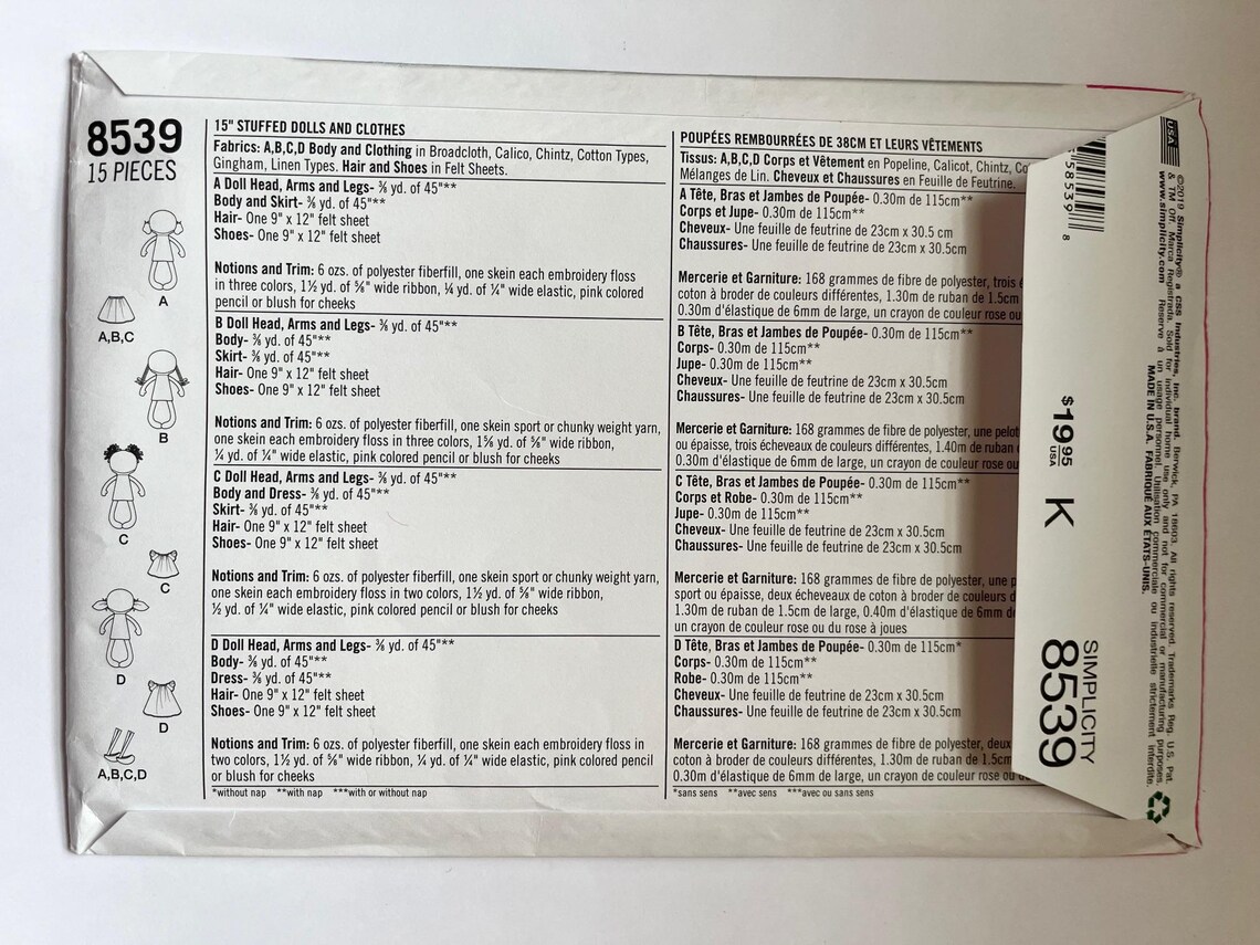 Simplicity 8539 Whimsy Dolls Soft Doll and Dress Pattern One Size - Etsy